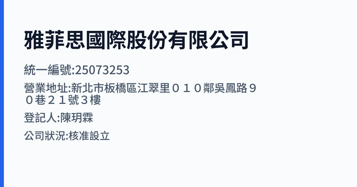 雅菲思國際股份有限公司 - 統編 25073253(新北市) 公司登記資料與營業項目詳細圖表