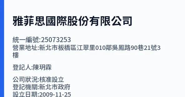 雅菲思國際股份有限公司的照片-統編 25073253(新北市) 公司登記資料與營業項目詳細圖表