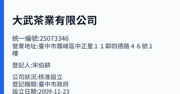 大武茶業有限公司的照片-統編 25073346(臺中市) 公司登記資料與營業項目詳細圖表