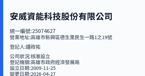 安威資能科技股份有限公司的照片-統編 25074627(高雄市) 公司登記資料與營業項目詳細圖表
