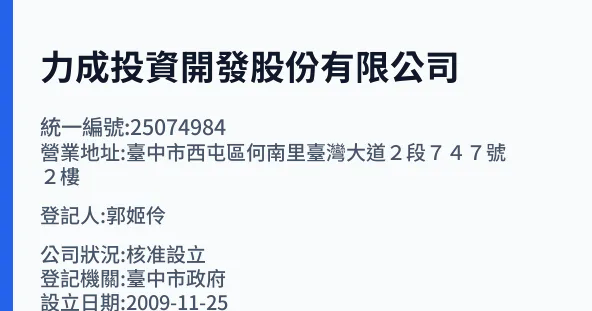 力成投資開發股份有限公司的照片-統編 25074984(臺中市) 公司登記資料與營業項目詳細圖表