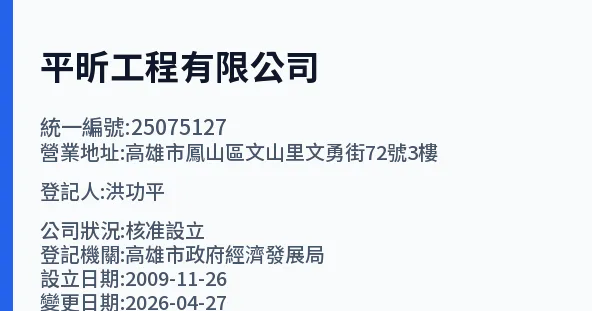 平昕工程有限公司的照片-統編 25075127(高雄市) 公司登記資料與營業項目詳細圖表