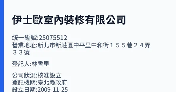 伊士歐室內裝修有限公司的照片-統編 25075512(新北市) 公司登記資料與營業項目詳細圖表
