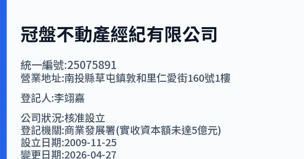 冠盤不動產經紀有限公司的照片-統編 25075891(南投縣) 公司登記資料與營業項目詳細圖表