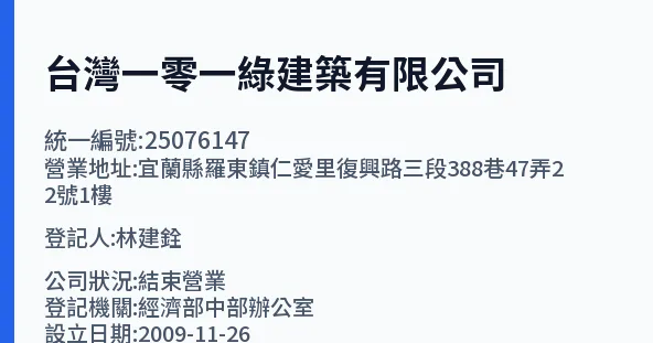 台灣一零一綠建築有限公司的照片-統編 25076147(宜蘭縣) 公司登記資料與營業項目詳細圖表