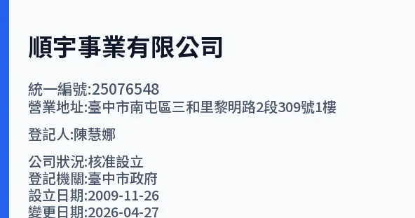 順宇事業有限公司的照片-統編 25076548(臺中市) 公司登記資料與營業項目詳細圖表