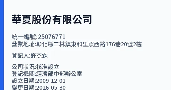 華夏股份有限公司的照片-統編 25076771(彰化縣) 公司登記資料與營業項目詳細圖表
