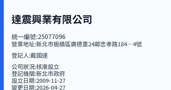 達震興業有限公司的照片-統編 25077096(新北市) 公司登記資料與營業項目詳細圖表