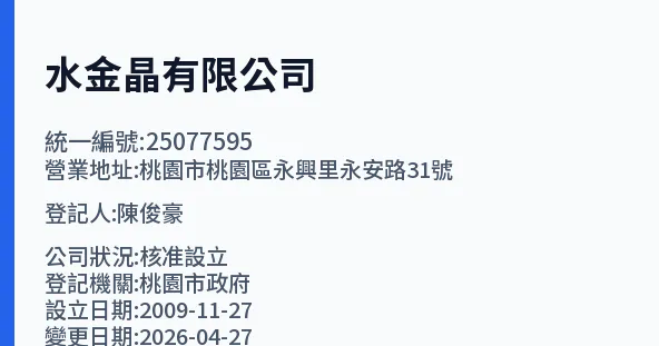 水金晶有限公司的照片-統編 25077595(桃園市) 公司登記資料與營業項目詳細圖表