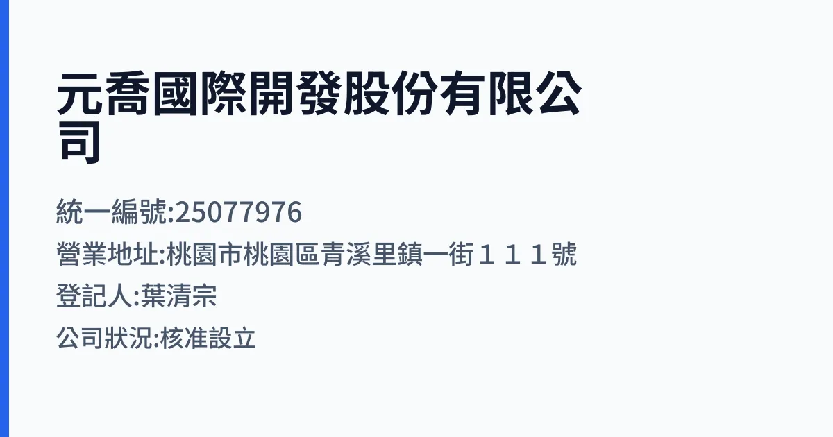 元喬國際開發股份有限公司 - 統編 25077976(桃園市) 公司登記資料與營業項目詳細圖表