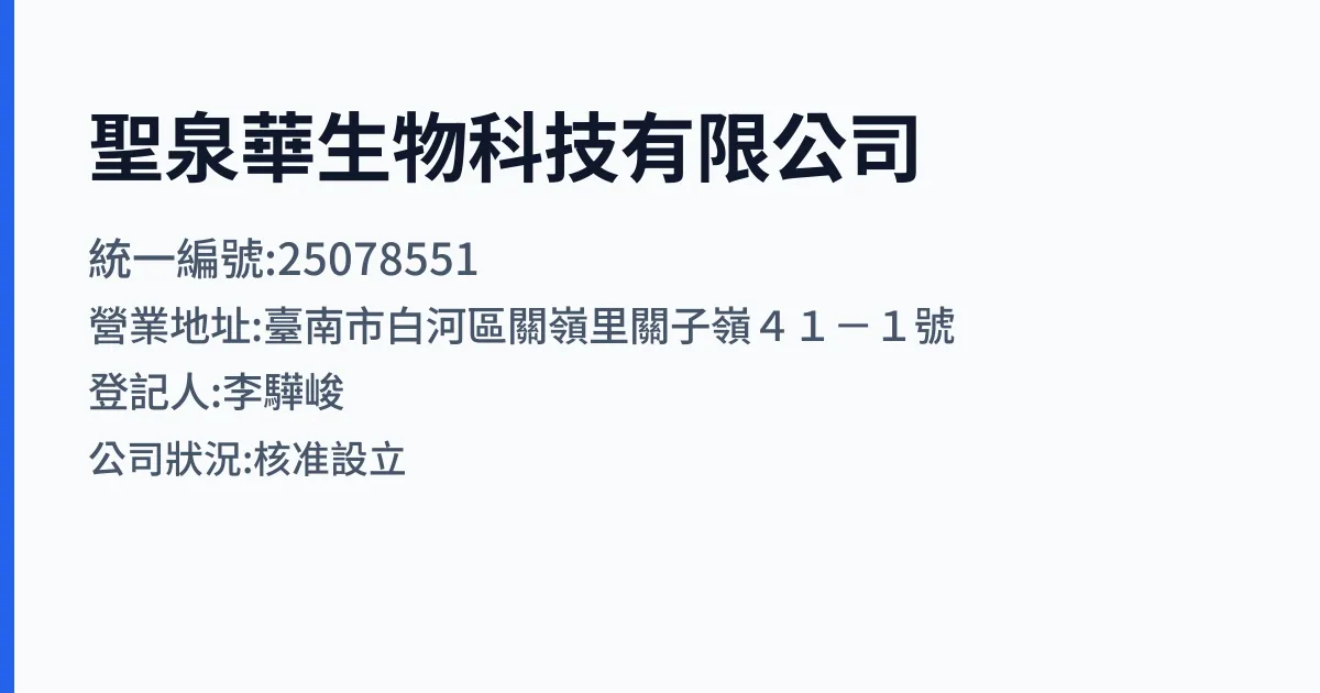 聖泉華生物科技有限公司 - 統編 25078551(臺南市) 公司登記資料與營業項目詳細圖表