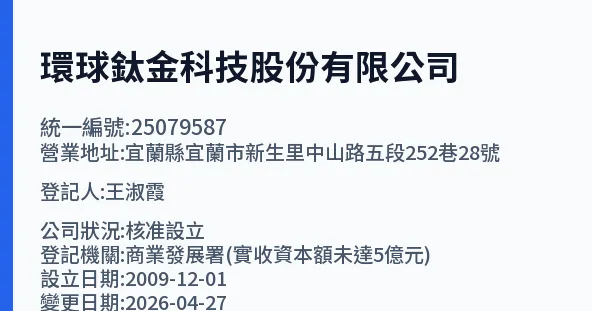 環球鈦金科技股份有限公司的照片-統編 25079587(宜蘭縣) 公司登記資料與營業項目詳細圖表