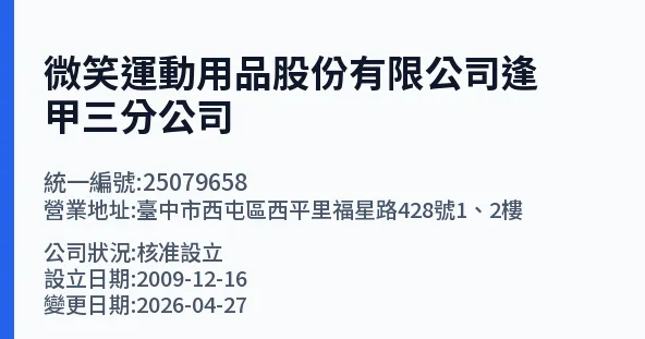 微笑運動用品股份有限公司逢甲三分公司的照片-統編 25079658(臺中市) 公司登記資料與營業項目詳細圖表