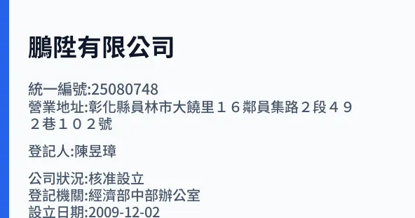 鵬陞有限公司的照片-統編 25080748(彰化縣) 公司登記資料與營業項目詳細圖表