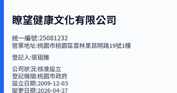 瞭望健康文化有限公司的照片-統編 25081232(桃園市) 公司登記資料與營業項目詳細圖表