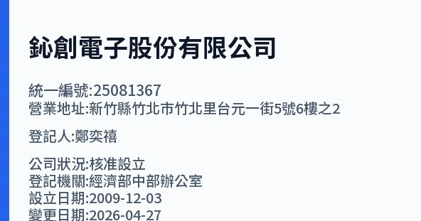 鈊創電子股份有限公司的照片-統編 25081367(新竹縣) 公司登記資料與營業項目詳細圖表
