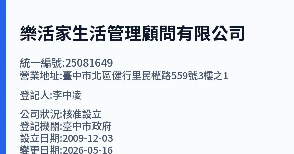 樂活家生活管理顧問有限公司的照片-統編 25081649(臺中市) 公司登記資料與營業項目詳細圖表