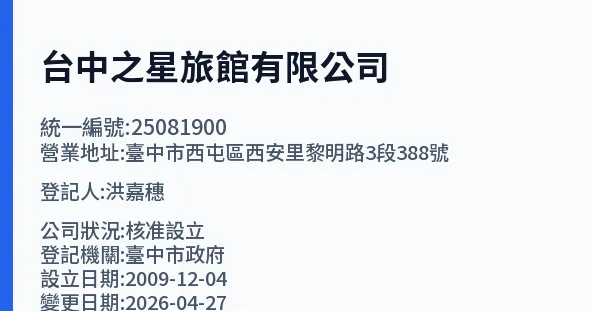 台中之星旅館有限公司的照片-統編 25081900(臺中市) 公司登記資料與營業項目詳細圖表