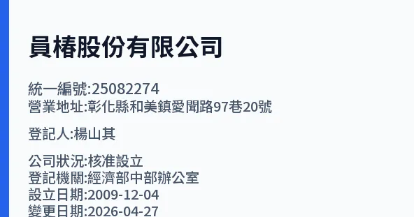 員椿股份有限公司的照片-統編 25082274(彰化縣) 公司登記資料與營業項目詳細圖表