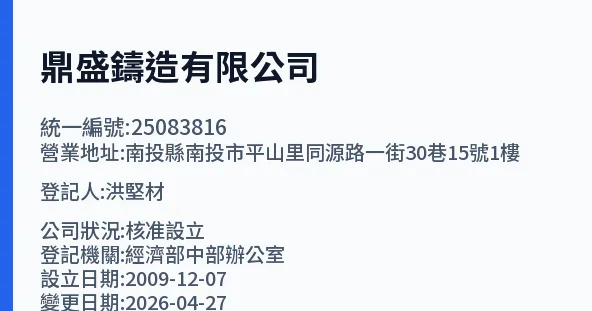 鼎盛鑄造有限公司的照片-統編 25083816(南投縣) 公司登記資料與營業項目詳細圖表