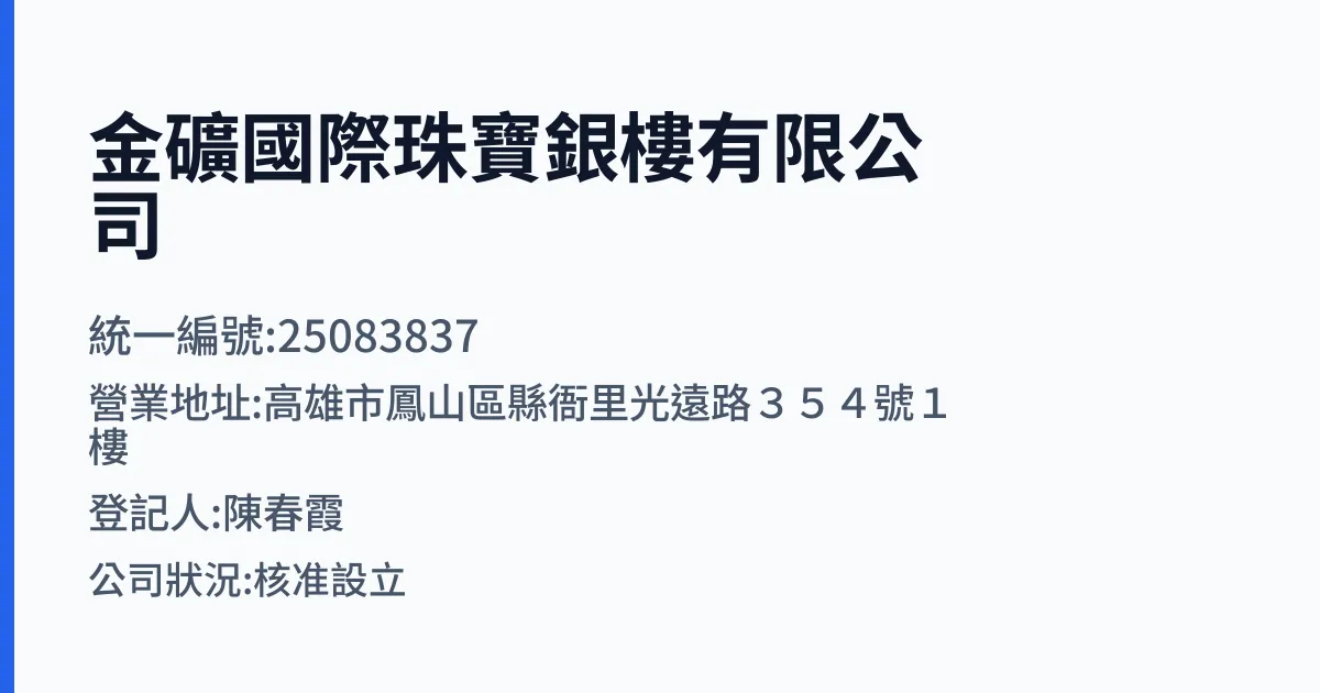 金礦國際珠寶銀樓有限公司 - 統編 25083837(高雄市) 公司登記資料與營業項目詳細圖表