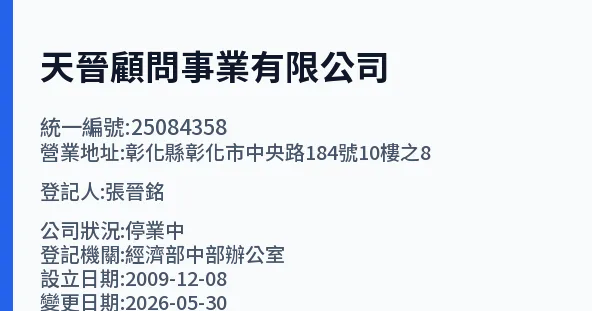 天晉顧問事業有限公司的照片-統編 25084358(彰化縣) 公司登記資料與營業項目詳細圖表