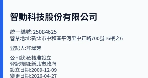 智動科技股份有限公司的照片-統編 25084625(新北市) 公司登記資料與營業項目詳細圖表