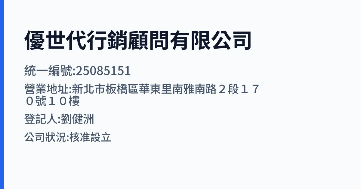 優世代行銷顧問有限公司 - 統編 25085151(新北市) 公司登記資料與營業項目詳細圖表