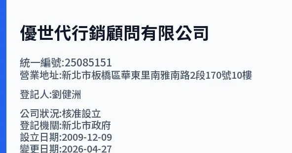 優世代行銷顧問有限公司的照片-統編 25085151(新北市) 公司登記資料與營業項目詳細圖表