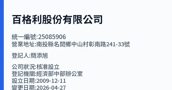 百格利股份有限公司的照片-統編 25085906(南投縣) 公司登記資料與營業項目詳細圖表