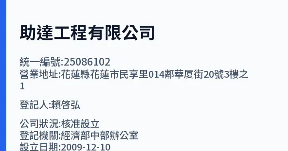 助達工程有限公司的照片-統編 25086102(花蓮縣) 公司登記資料與營業項目詳細圖表