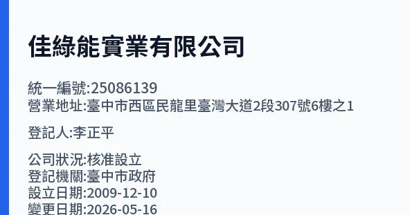 佳綠能實業有限公司的照片-統編 25086139(臺中市) 公司登記資料與營業項目詳細圖表