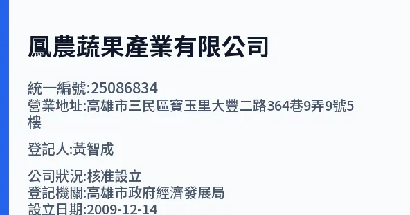 鳳農蔬果產業有限公司的照片-統編 25086834(高雄市) 公司登記資料與營業項目詳細圖表