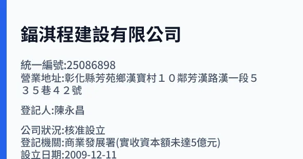 鍢淇程建設有限公司的照片-統編 25086898(彰化縣) 公司登記資料與營業項目詳細圖表