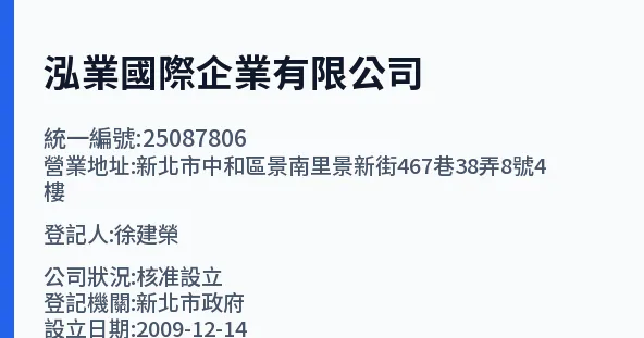 泓業國際企業有限公司的照片-統編 25087806(新北市) 公司登記資料與營業項目詳細圖表