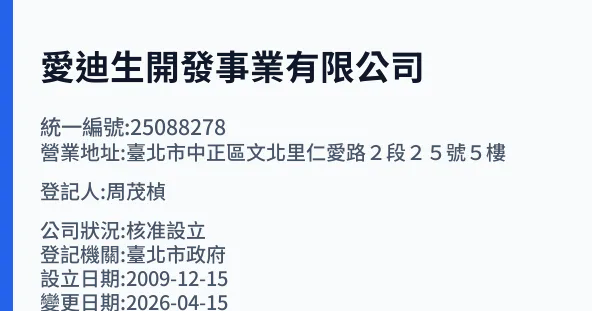 愛迪生開發事業有限公司的照片-統編 25088278(臺北市) 公司登記資料與營業項目詳細圖表