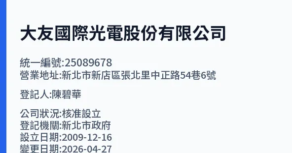 大友國際光電股份有限公司的照片-統編 25089678(新北市) 公司登記資料與營業項目詳細圖表