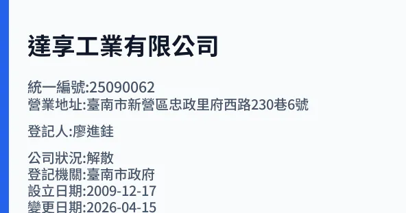 達享工業有限公司的照片-統編 25090062(臺南市) 公司登記資料與營業項目詳細圖表