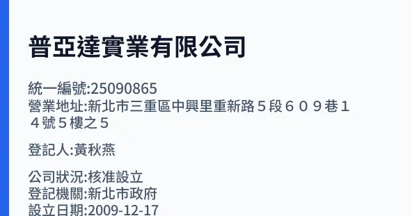 普亞達實業有限公司的照片-統編 25090865(新北市) 公司登記資料與營業項目詳細圖表