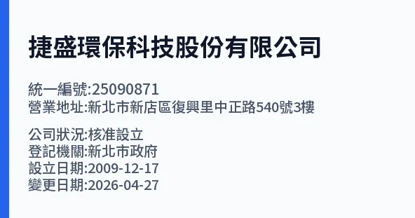 捷盛環保科技股份有限公司的照片-統編 25090871(新北市) 公司登記資料與營業項目詳細圖表