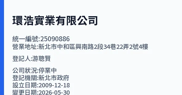 環浩實業有限公司的照片-統編 25090886(新北市) 公司登記資料與營業項目詳細圖表