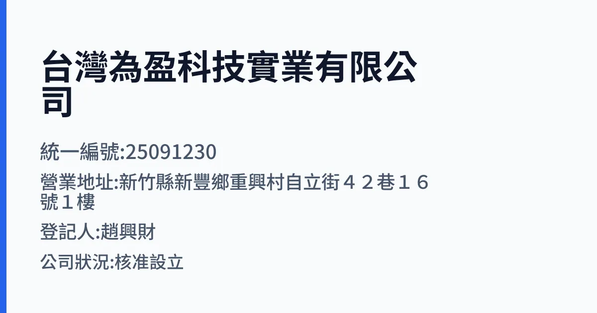 台灣為盈科技實業有限公司 - 統編 25091230(新竹縣) 公司登記資料與營業項目詳細圖表