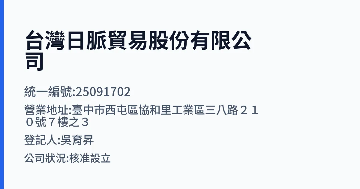台灣日脈貿易股份有限公司 - 統編 25091702(臺中市) 公司登記資料與營業項目詳細圖表