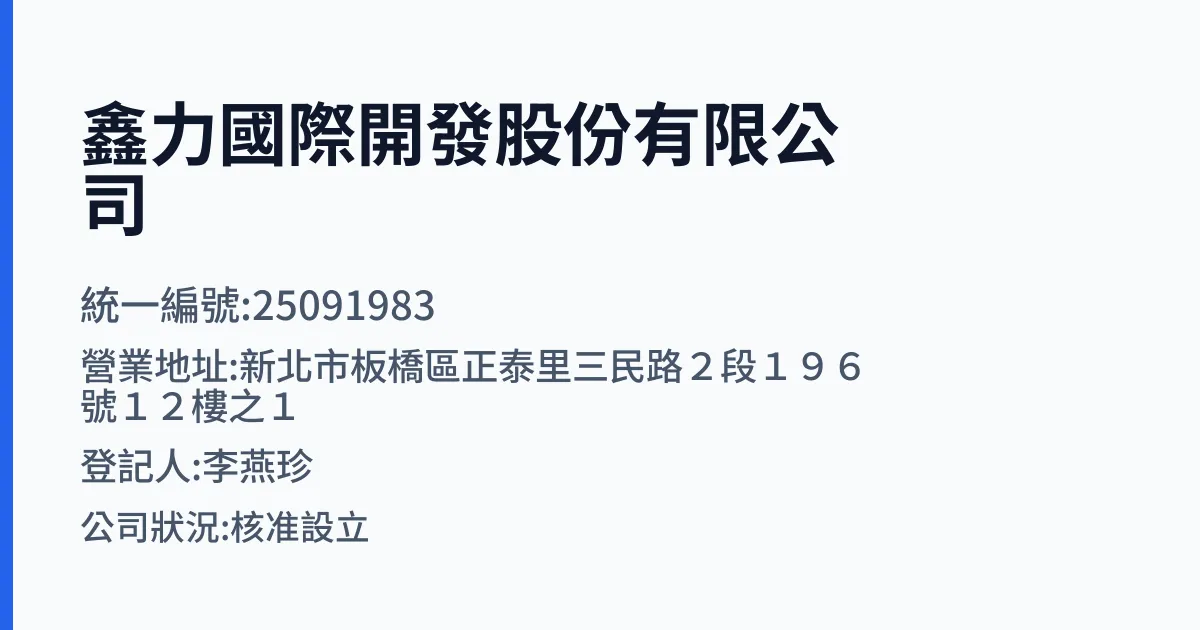 鑫力國際開發股份有限公司 - 統編 25091983(新北市) 公司登記資料與營業項目詳細圖表