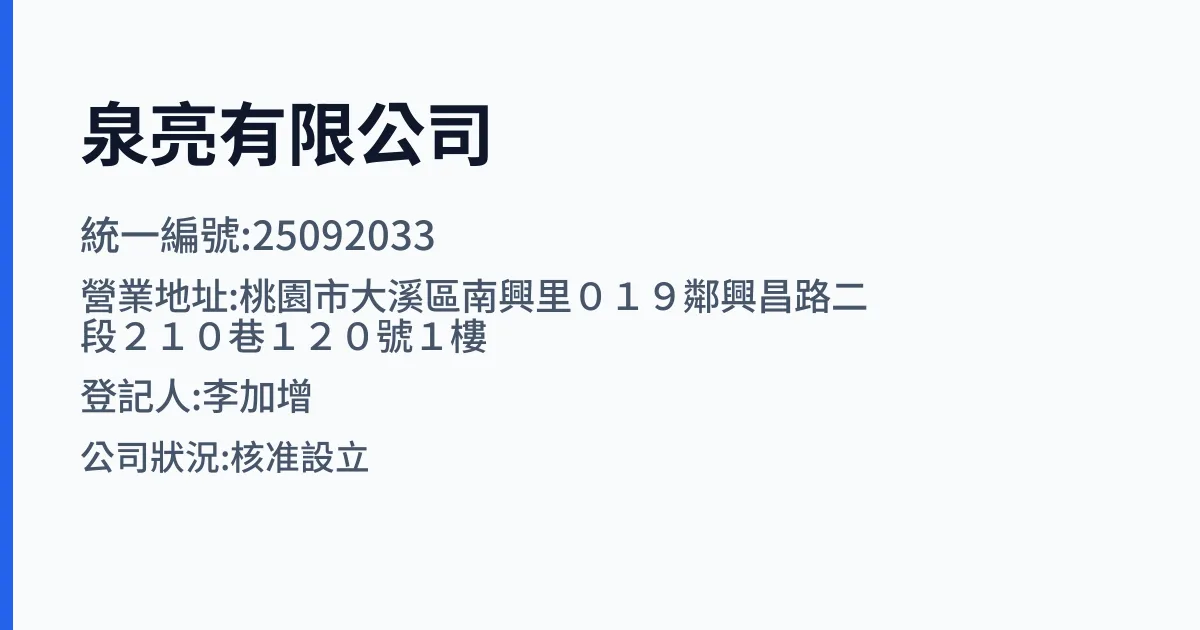 泉亮有限公司 - 統編 25092033(桃園市) 公司登記資料與營業項目詳細圖表