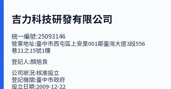 吉力科技研發有限公司的照片-統編 25093146(臺中市) 公司登記資料與營業項目詳細圖表