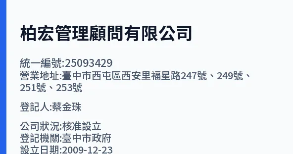 柏宏管理顧問有限公司的照片-統編 25093429(臺中市) 公司登記資料與營業項目詳細圖表