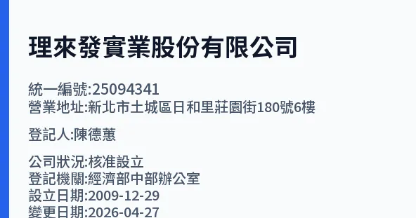 理來發實業股份有限公司的照片-統編 25094341(新北市) 公司登記資料與營業項目詳細圖表
