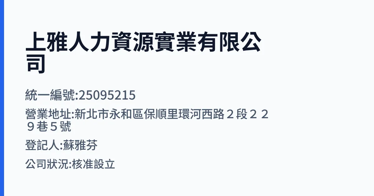 上雅人力資源實業有限公司 - 統編 25095215(新北市) 公司登記資料與營業項目詳細圖表