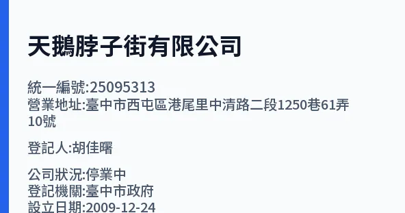 天鵝脖子街有限公司的照片-統編 25095313(臺中市) 公司登記資料與營業項目詳細圖表